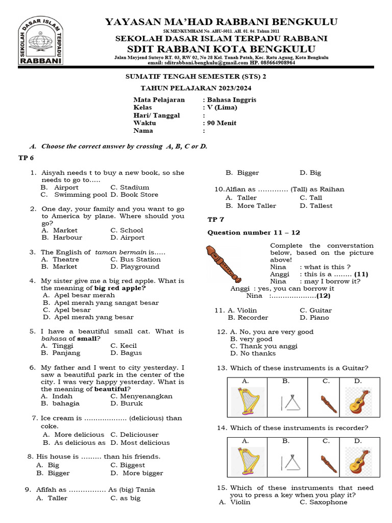 Soal STS 2 Bahasa Inggris Kelas 5 (20232024) | PDF