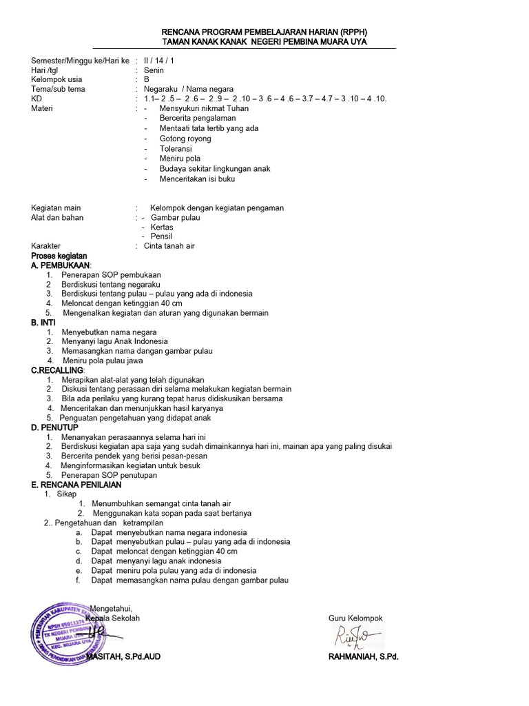 RPPH Tema Negaraku Usia 5-6 Tahun Semester Ii - 090802 - 115551 | PDF