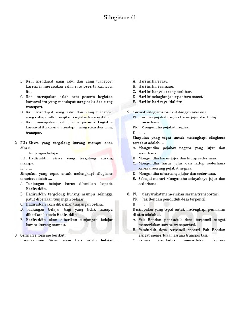 Soal Bahasa Indonesia Kelas 12 Semester 1 Silogisme | PDF