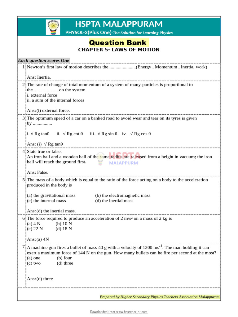 Hspta - CH 5 Question Bank-2022-Hssreporter | PDF | Force | Momentum