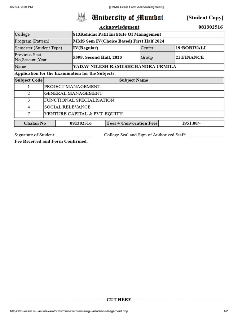 MMS Exam Form Acknowledgment | PDF | Educational Stages | Qualifications