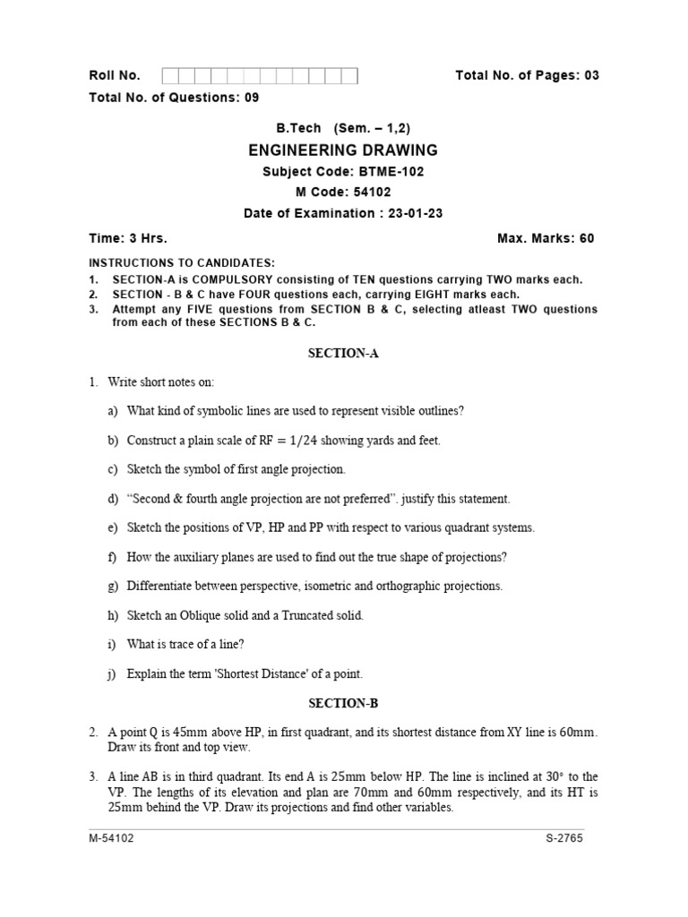 Btech 1 Sem 2 Sem Engineering Drawing 54102 Jan 2023 | PDF | Euclidean Geometry | Geometry
