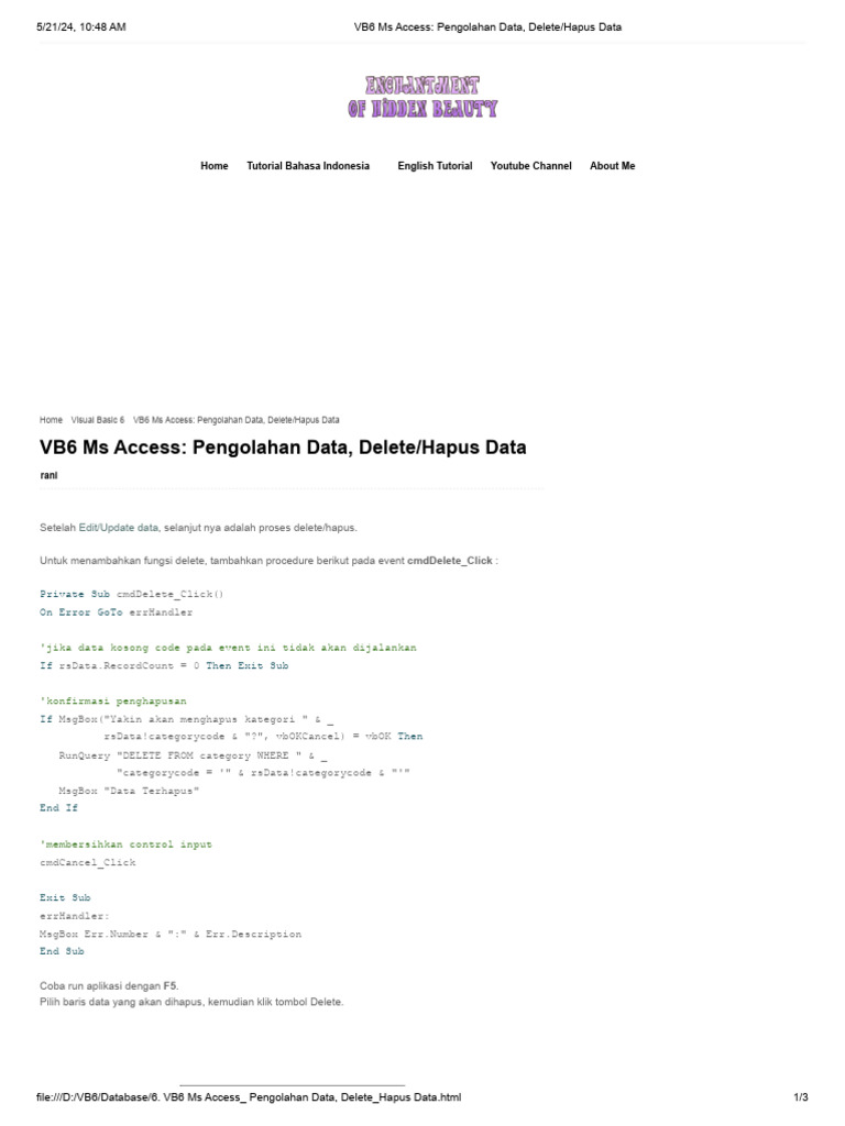 6 Vb6 Ms Access Pengolahan Data Delete Hapus Data Pdf