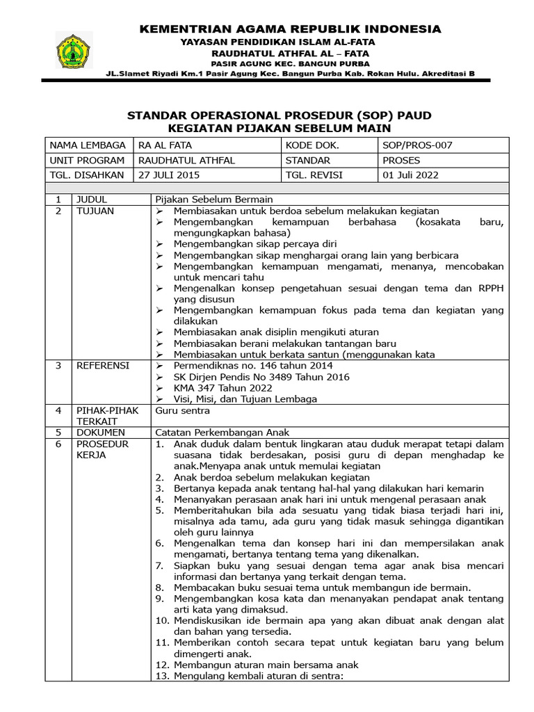 7 Sop Paud Kegiatan Pijakan Sebelum Main | PDF