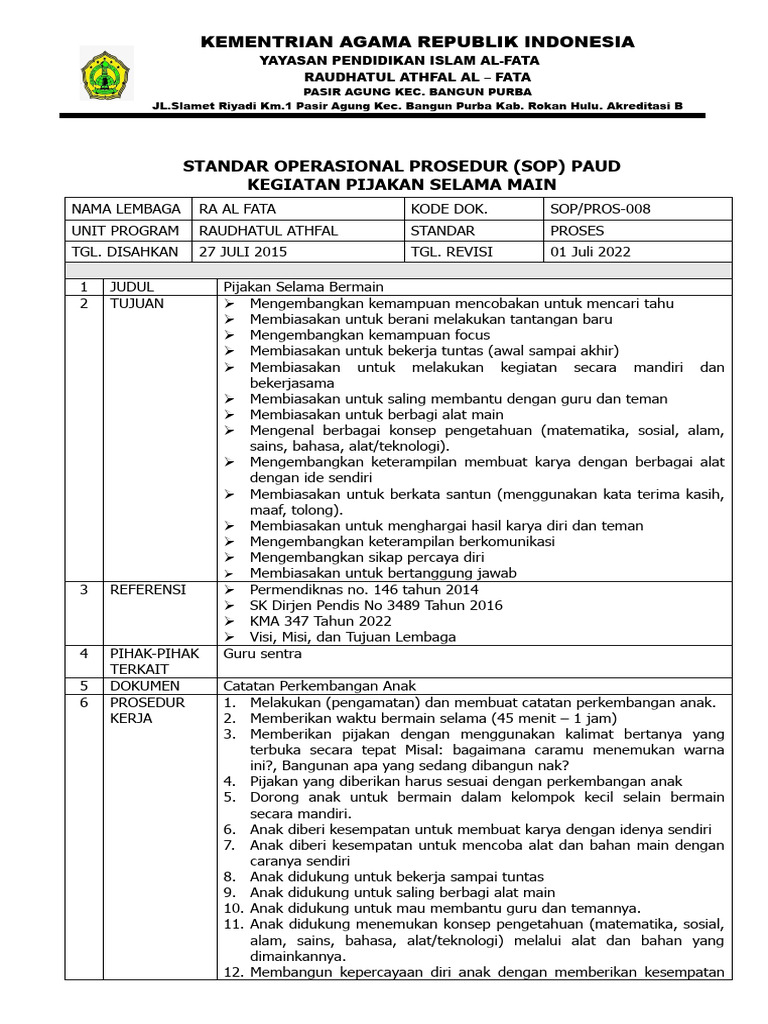 8 Sop Paud Kegiatan Pijakan Selama Main | PDF