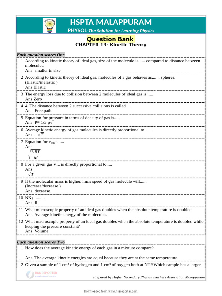 Kinetic Theory Question Bank | PDF | Gases | Temperature
