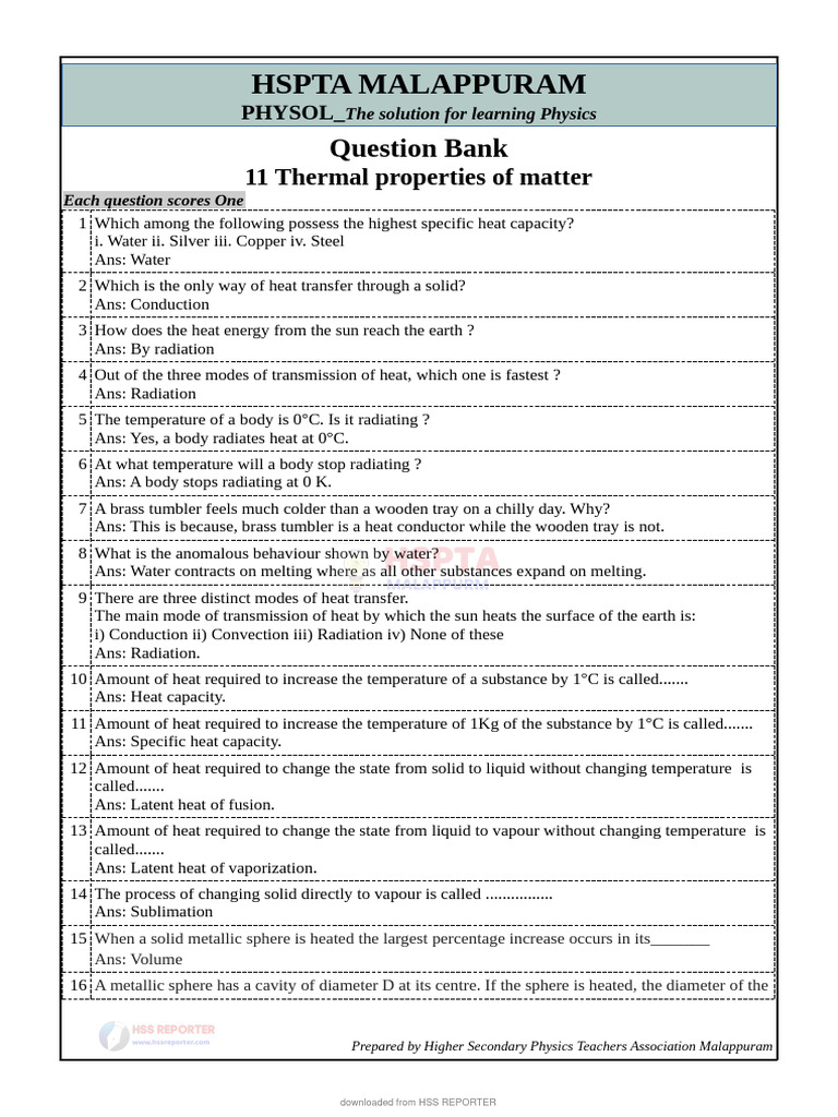 HSPTA - QP - Chapter 11-Hssreporter | PDF | Thermal Expansion | Heat