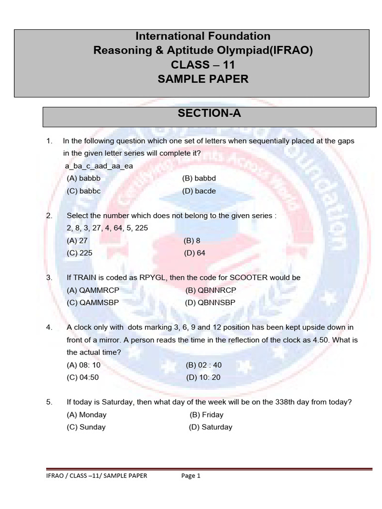Sample Paper Class - 11 | PDF