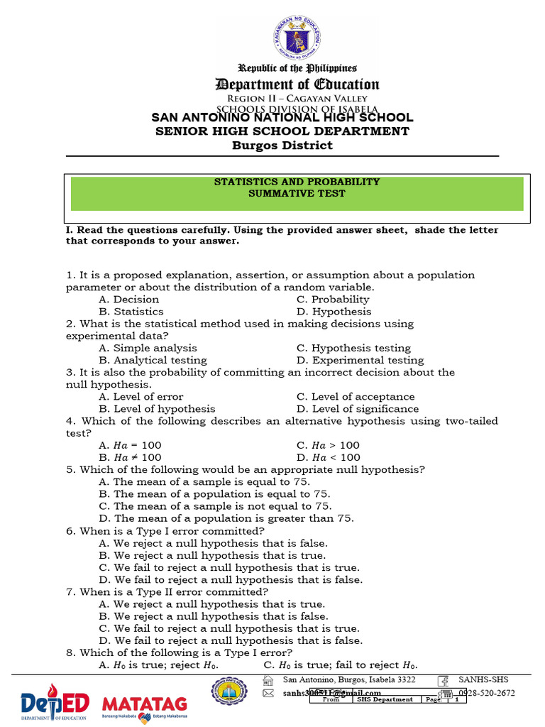 Grade 11 Statistics and Probability TQ | PDF | Statistics | Hypothesis