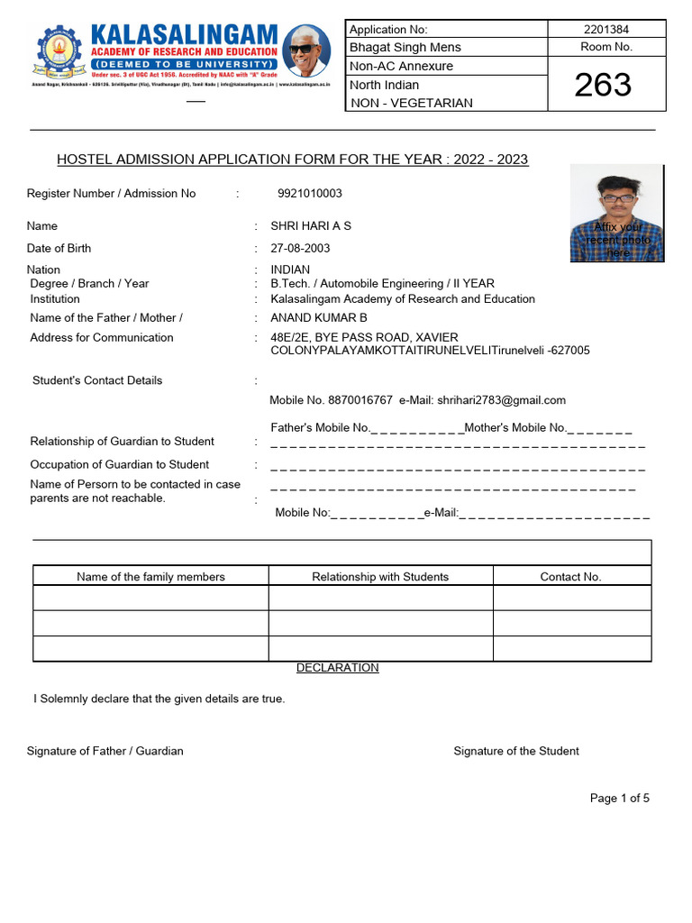 Print Hostel Admission Application | PDF | Security Guard