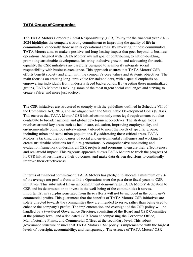 TATA Motors CSR Policy 2023-2024 | PDF | Corporate Social ...