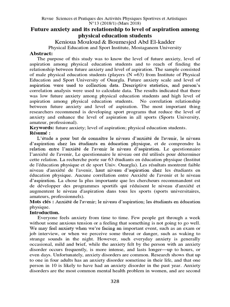 Future Anxiety and Its Relationship To Level of Aspiration Among ...
