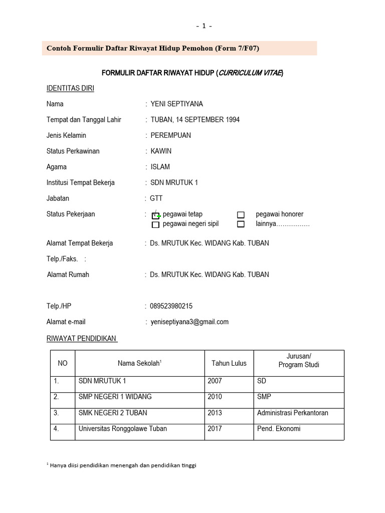 Formulir Daftar Riwayat Hidup Pemohon 0 | PDF