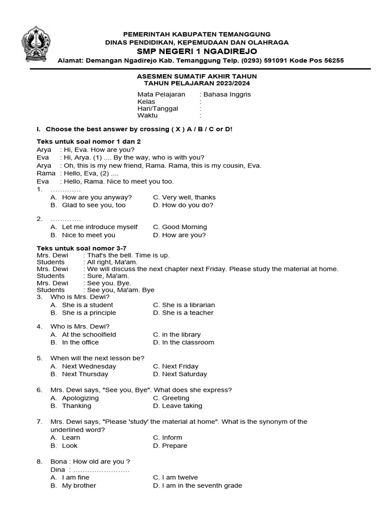 Soal ASAT Bahasa Inggris | PDF | Home | Interior Design