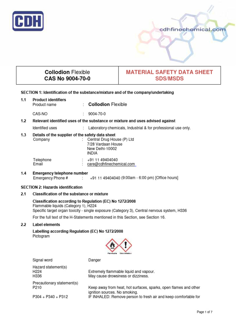 Collodion Flexible Safety Data Sheet | PDF | Occupational Safety And ...