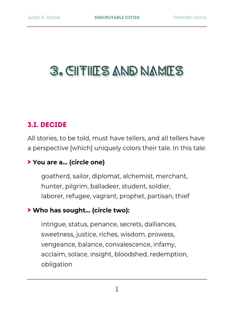 Inscrutable Cities - Character Creator Demo | PDF