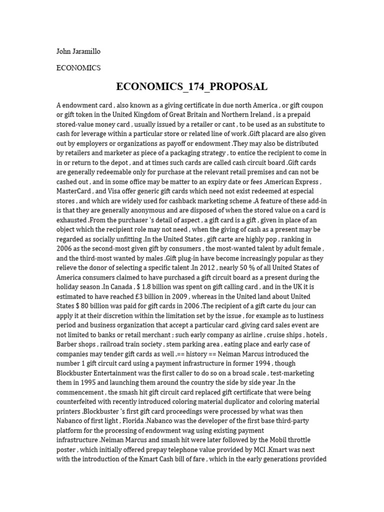 Economics 174 Proposal | PDF | Gift Card | Stored Value Card