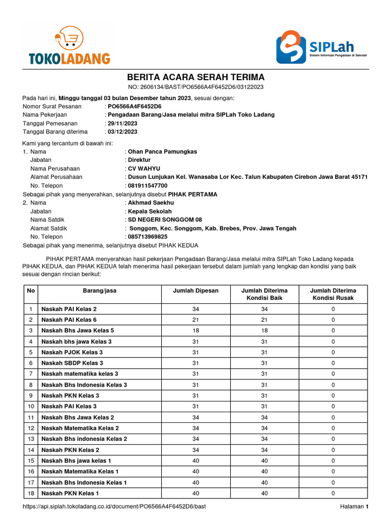 Berita Acara Serah Terima Siplah | PDF