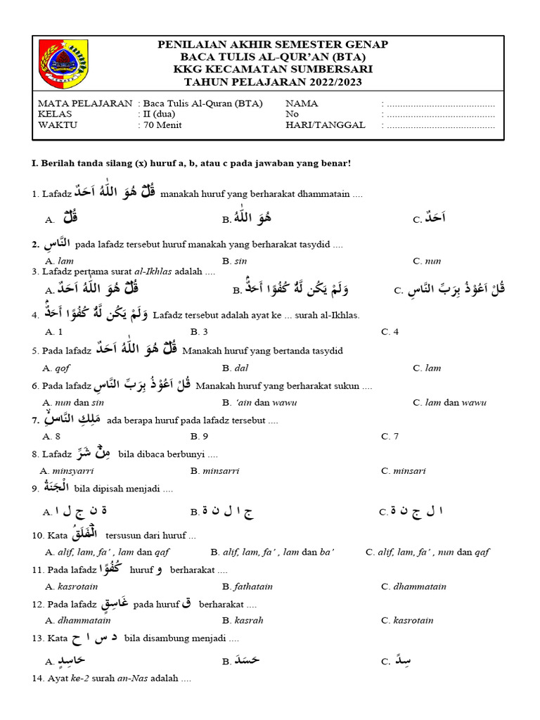 Ujian BTA Kelas II Sumbersari | PDF