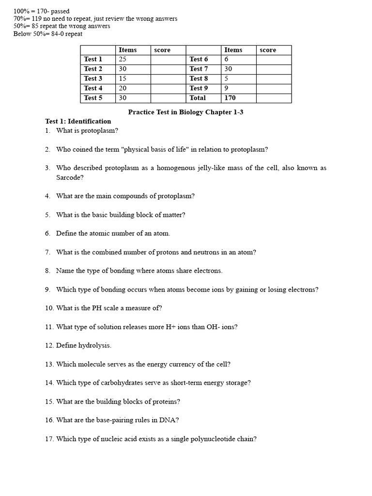 Biology Practice Test: Chapters 1-3 | PDF | Cell (Biology) | Cell Membrane