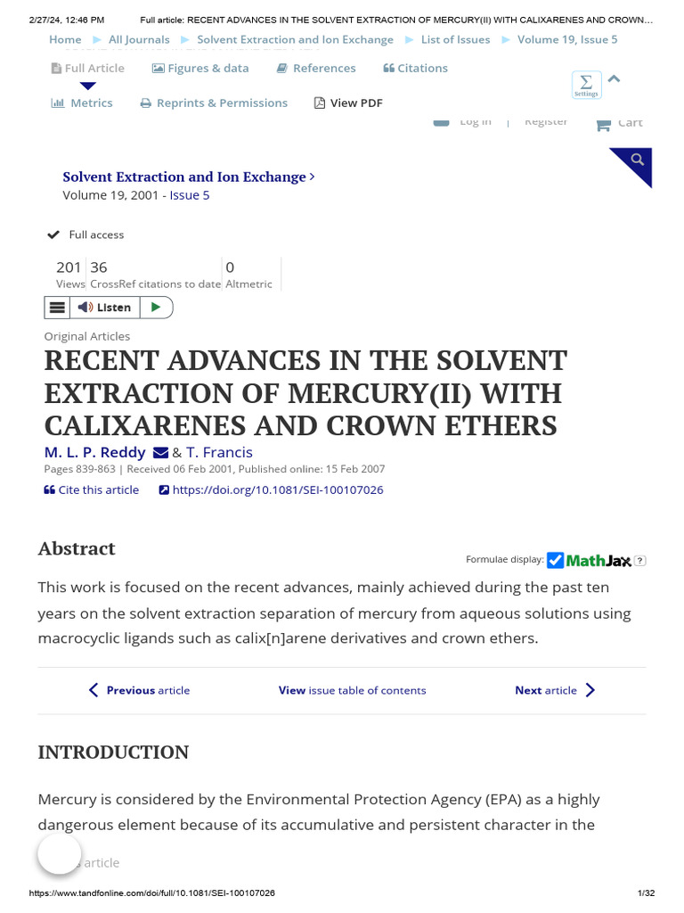 Full Article Recent Advances In The Solvent Extraction Of Mercury Ii With Calixarenes And