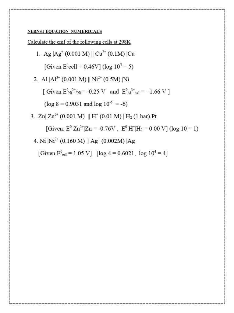 Nernst Equation EMF Calculations | PDF