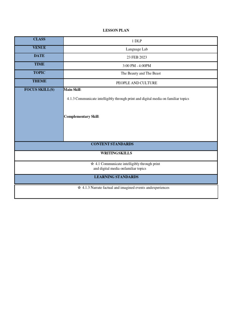 Lesson Plan: Narrative Writing Skills | PDF | Teachers | Learning