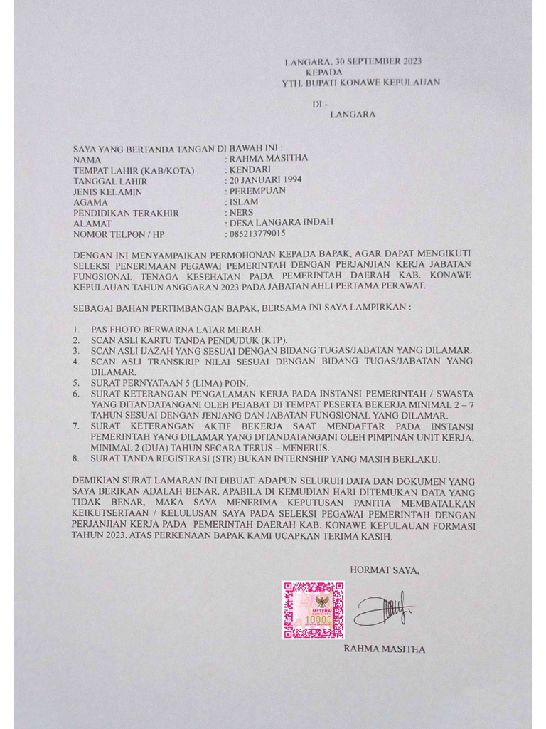 Ematrai Fix Surat - Lamaran - Rahmaa | PDF