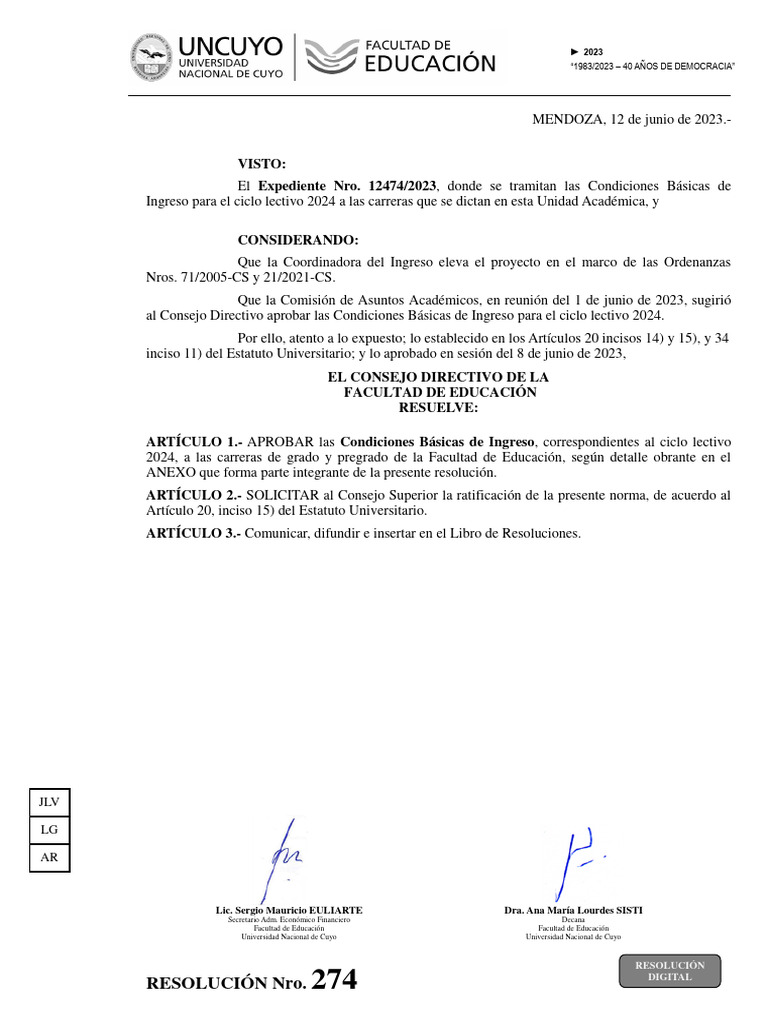 Res 2023 274 CD Exp 12474 2023 Condiciones Basicas de Ingreso 2024 | PDF