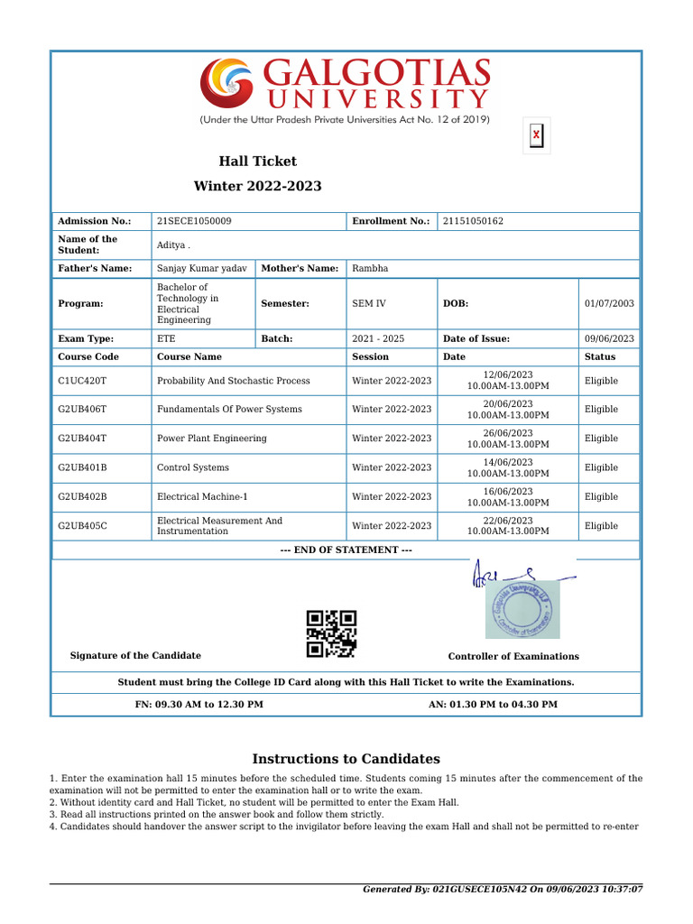 Hall Ticket Winter 2022-2023: Generated By: 021GUSECE105N42 On 09/06 ...