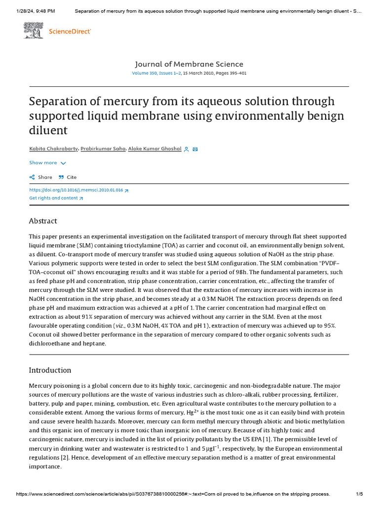 Separation of Mercury From Its Aqueous Solution Through Supported Liquid Membrane Using ...