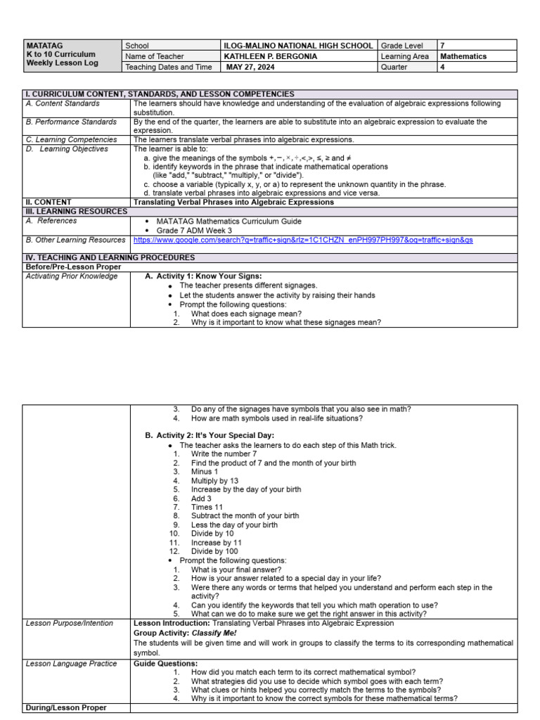 Lesson Exemplar in Math | Download Free PDF | Mathematics | Learning