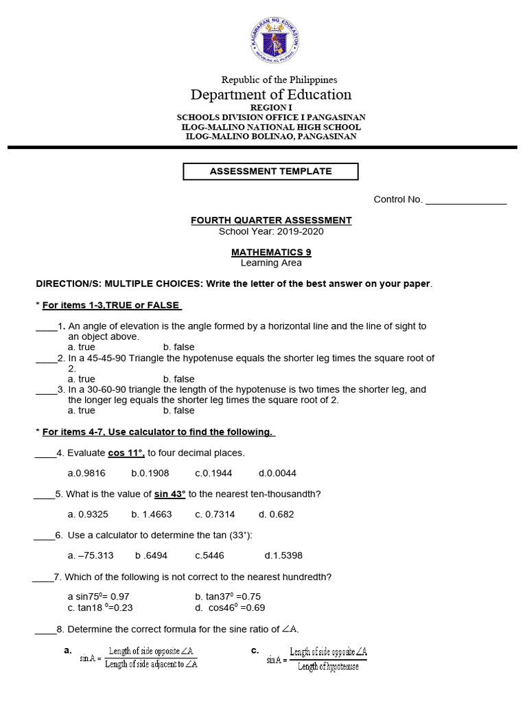4th Quarter Grade 9 | PDF | Trigonometric Functions | Euclid