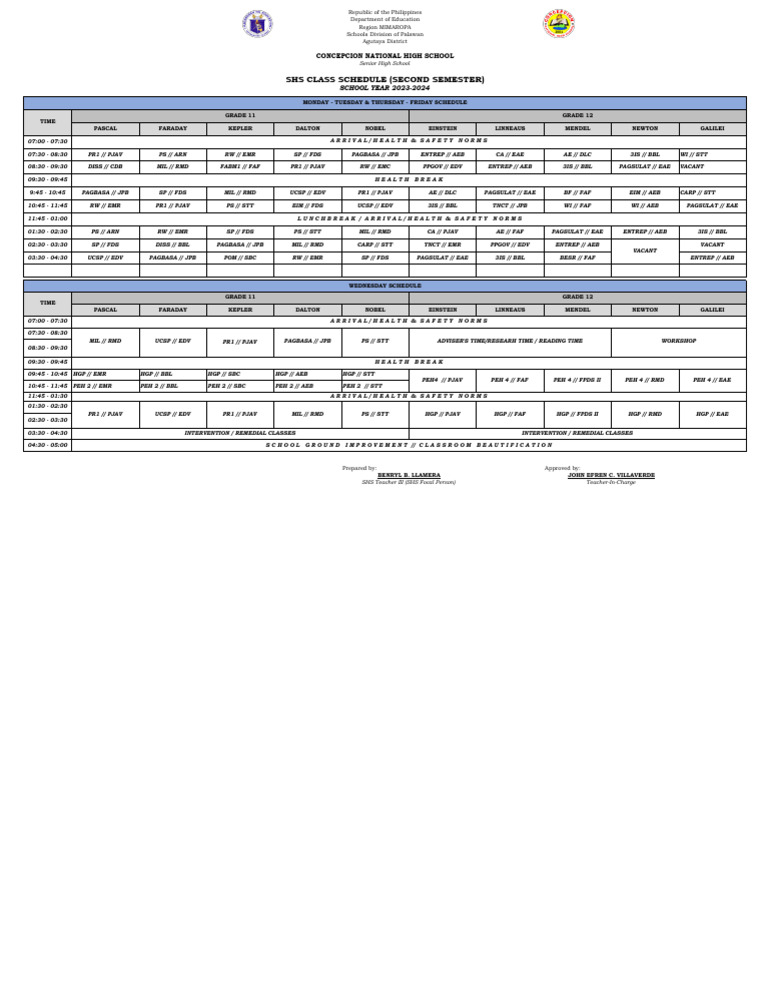 SHS Class Schedule Sy 2023 2024 Second Sem | PDF