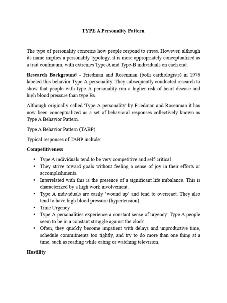 Type A Behavior - Development, Assessment & Link With CHD, Hypertension ...