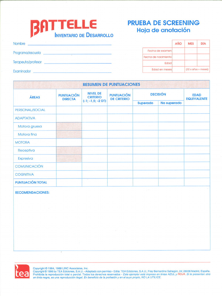 Screening Battelle Cuadernillo | PDF