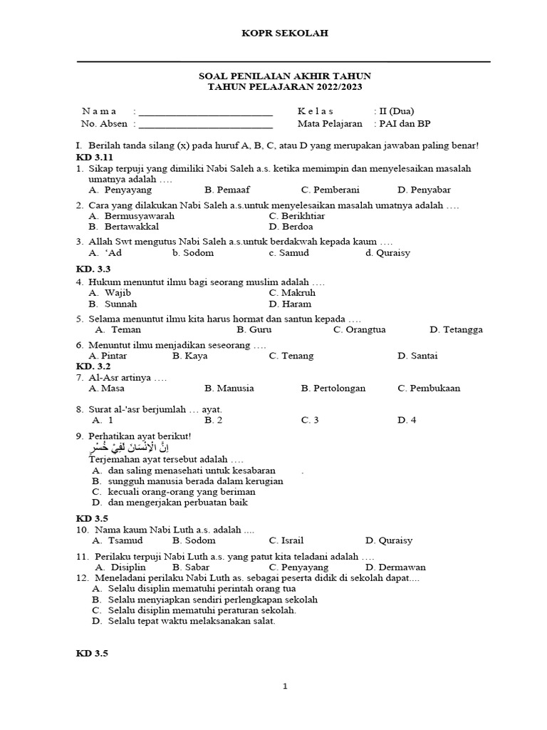 Soal Pat Pai KLS 2 2022 Revisi | PDF
