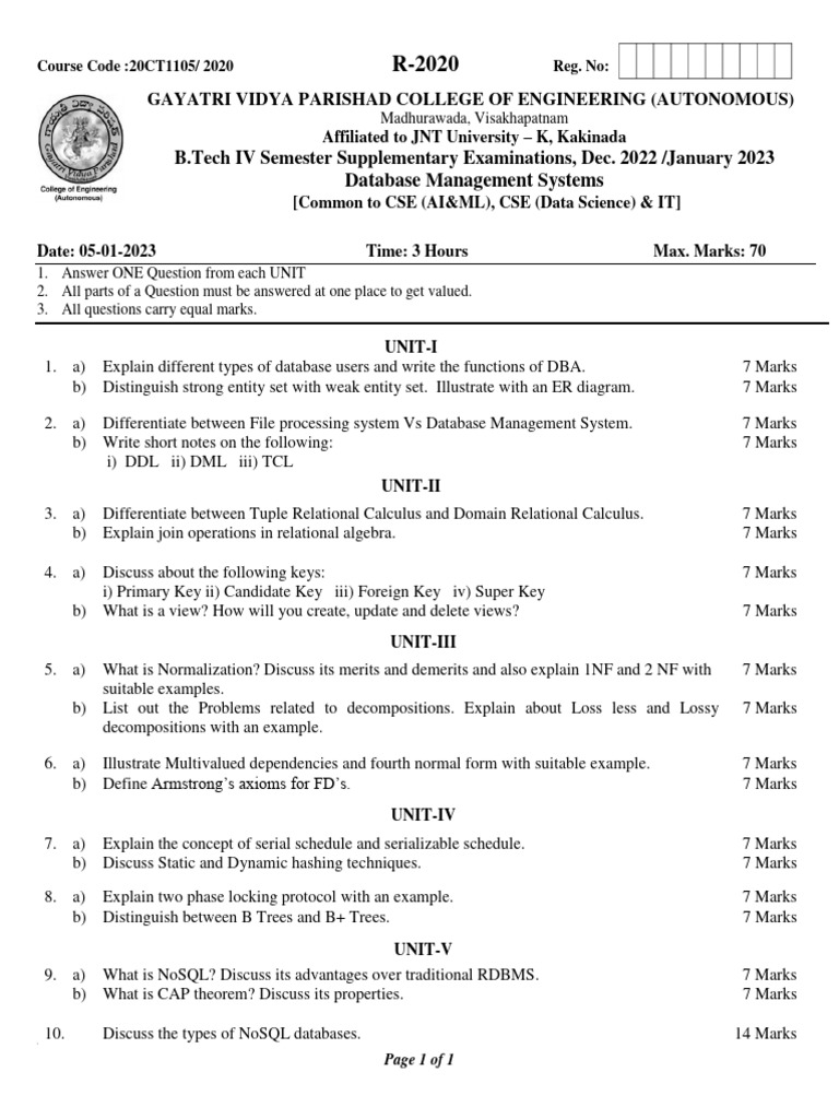 R2020 - 20CT1105 - Database Management Systems (CS (AIML), CS (DS) IT) | PDF | Relational ...