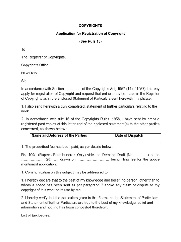 Application For Registration of Copyright | PDF | Copyright ...