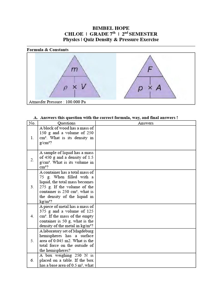 Density and Pressure Quiz for Grade 7 | PDF | Pressure | Density