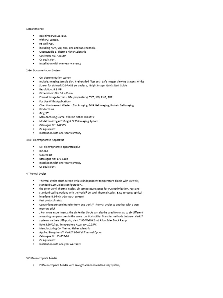 Lab Equipment Specifications | PDF | Gel Electrophoresis | Laboratories