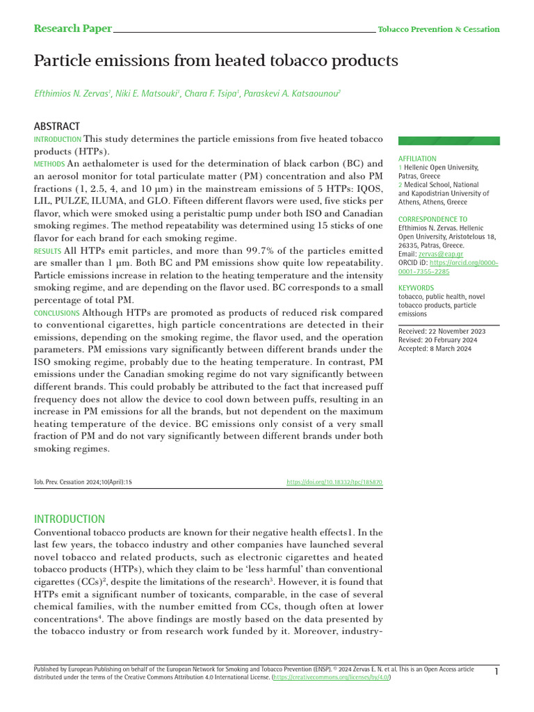 86 - 2024 - TCP - Zervas Et Al - Particle Emissions From Heated Tobacco Products | PDF ...