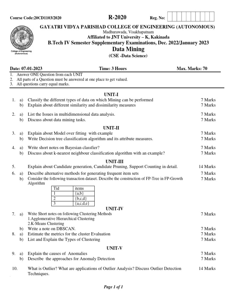 R2020 - 20CD1103 - Data Mining (CS (DS) ) | PDF | Cluster Analysis | Data Mining