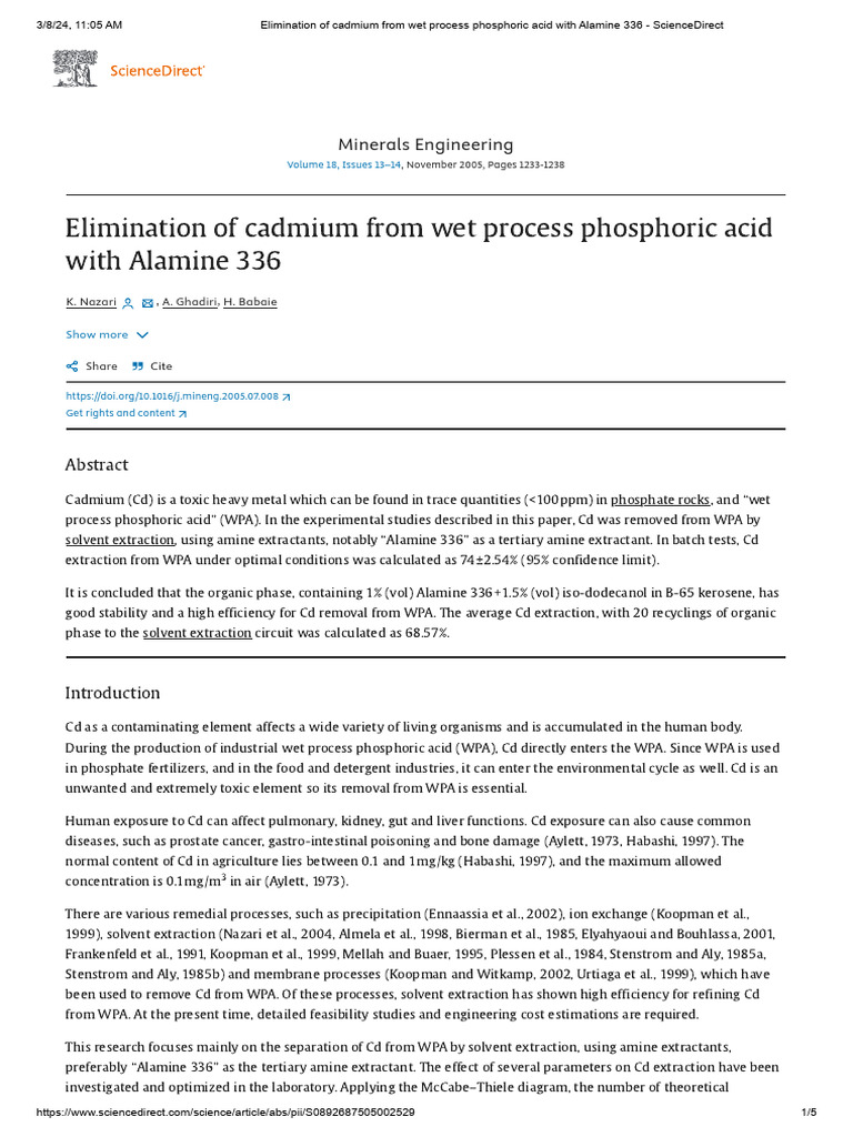 Elimination of Cadmium From Wet Process Phosphoric Acid With Alamine ...