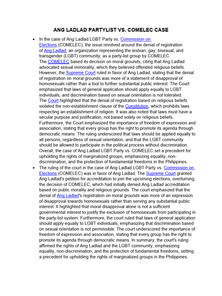 Ang Ladlad Partylist Vs Comelec | PDF | Discrimination | Homosexuality