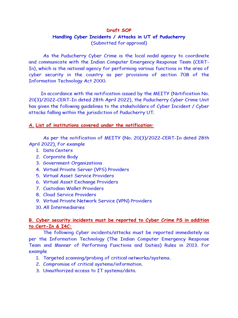 Draft SOP - Cyber Cell - Handling Cyber Incidents Attacks in UT of ...