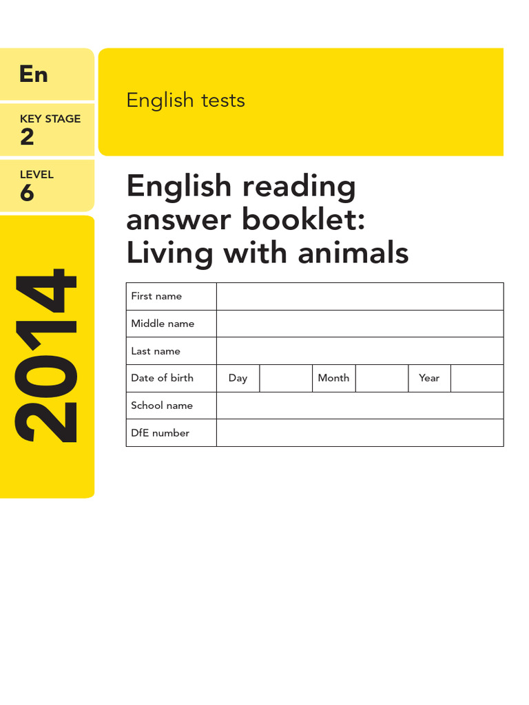 2014 Key Stage 2 Level 6 Answer Booklet English Reading Test National ...
