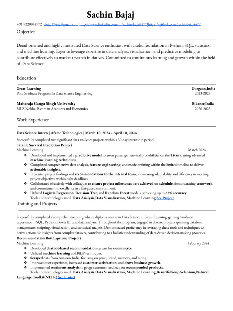 Sachin CV | PDF | Machine Learning | Data Science