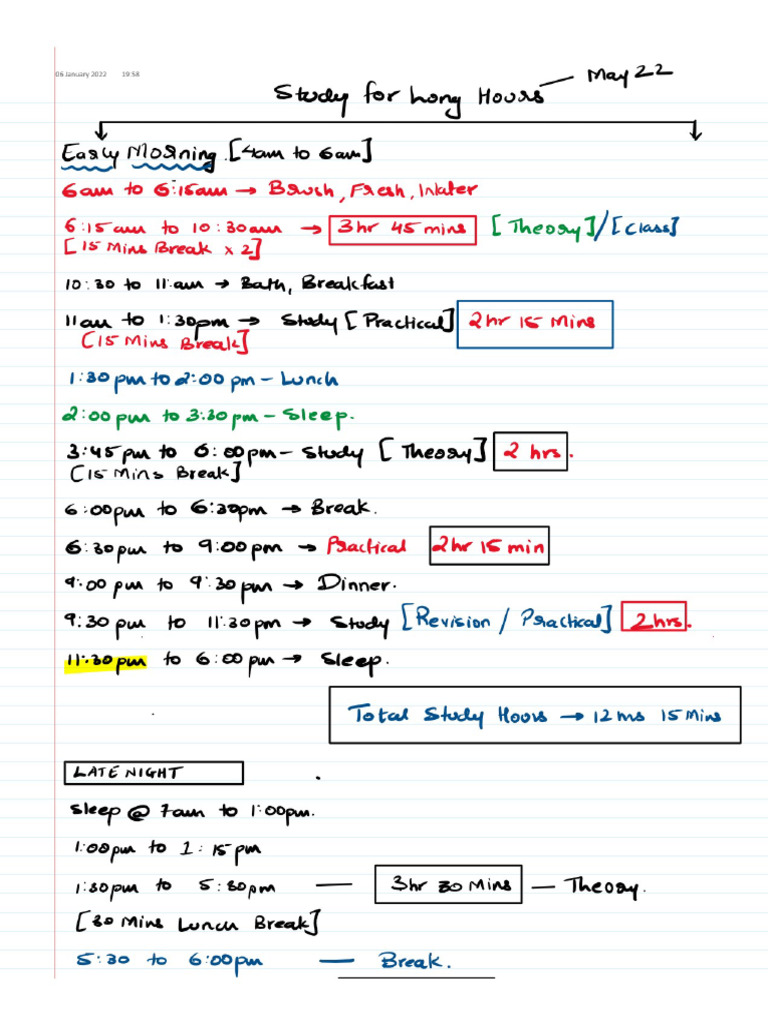 Study Timetable For Early Morning & Late Night Aakash Kandoi | PDF