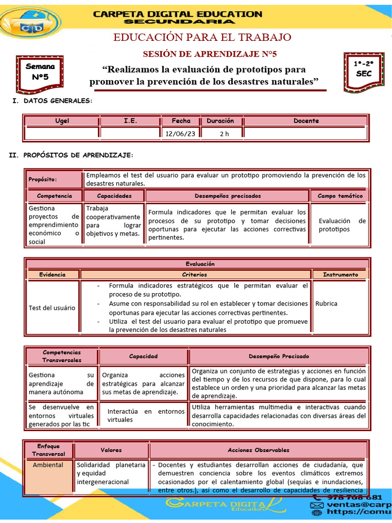 1°-2° Sesión de Aprendizaje Sesión 5-Sem.5-Exp.3-Educacion para El Trabajo | PDF | Evaluación ...